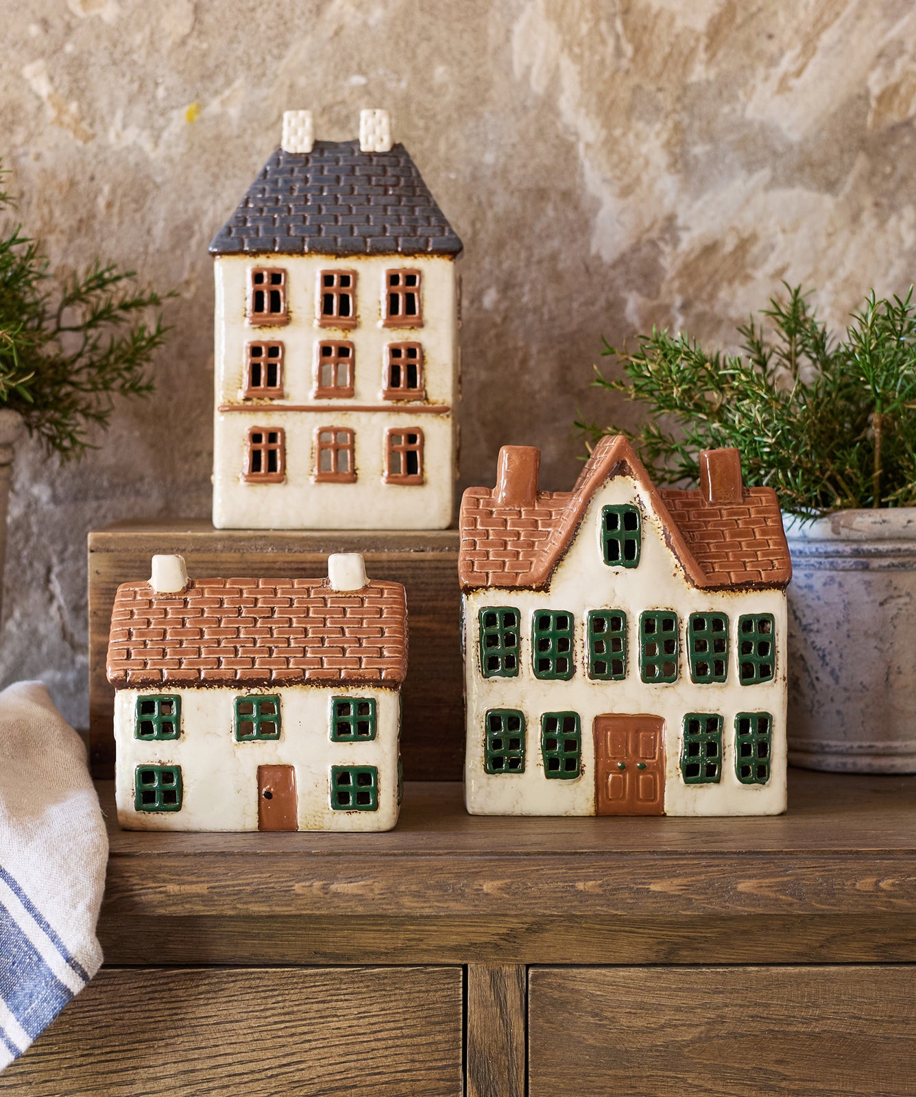 Ceramic Tea Light Houses - White Palm
